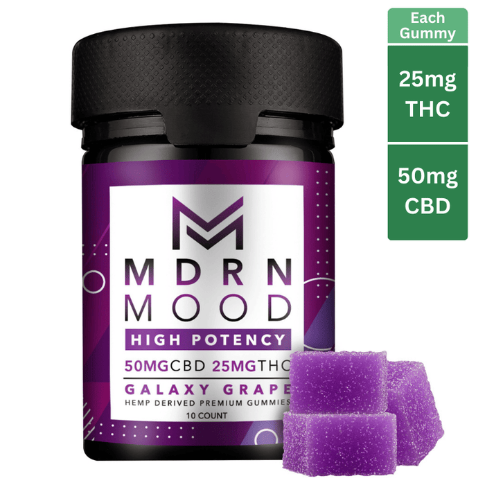 MDRN MOOD Galaxy Grape Gummies – 50mg CBD + 25mg THC High Potency (10ct ...